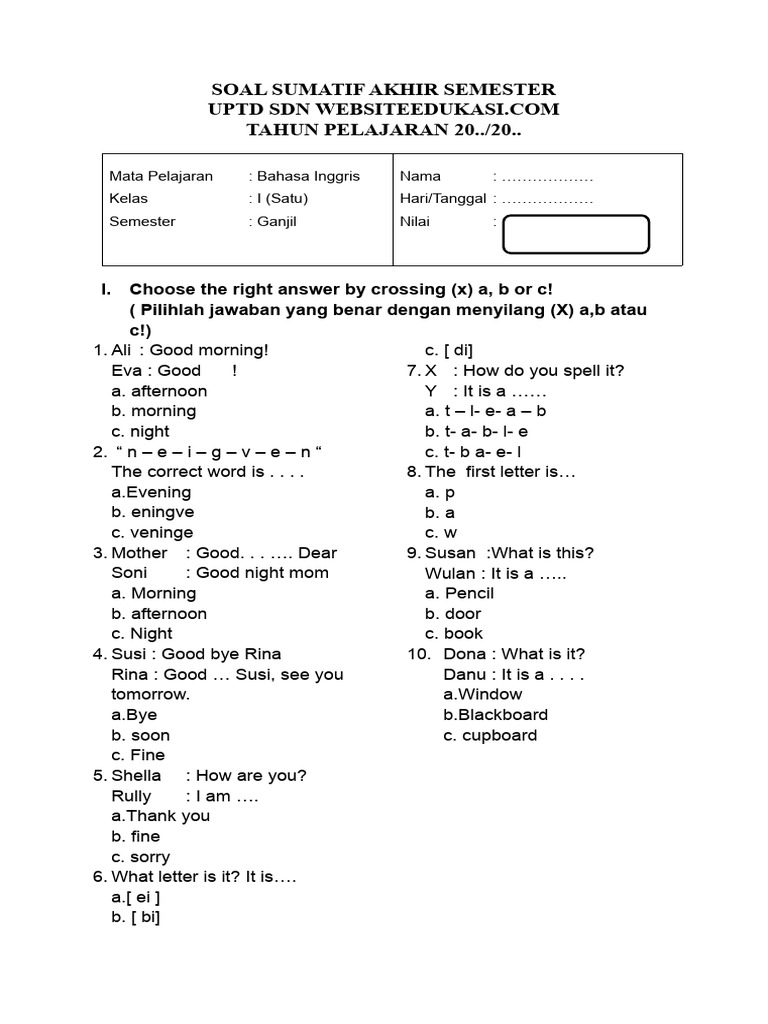 Soal SAS 1 B. Inggris Kelas 1 | PDF