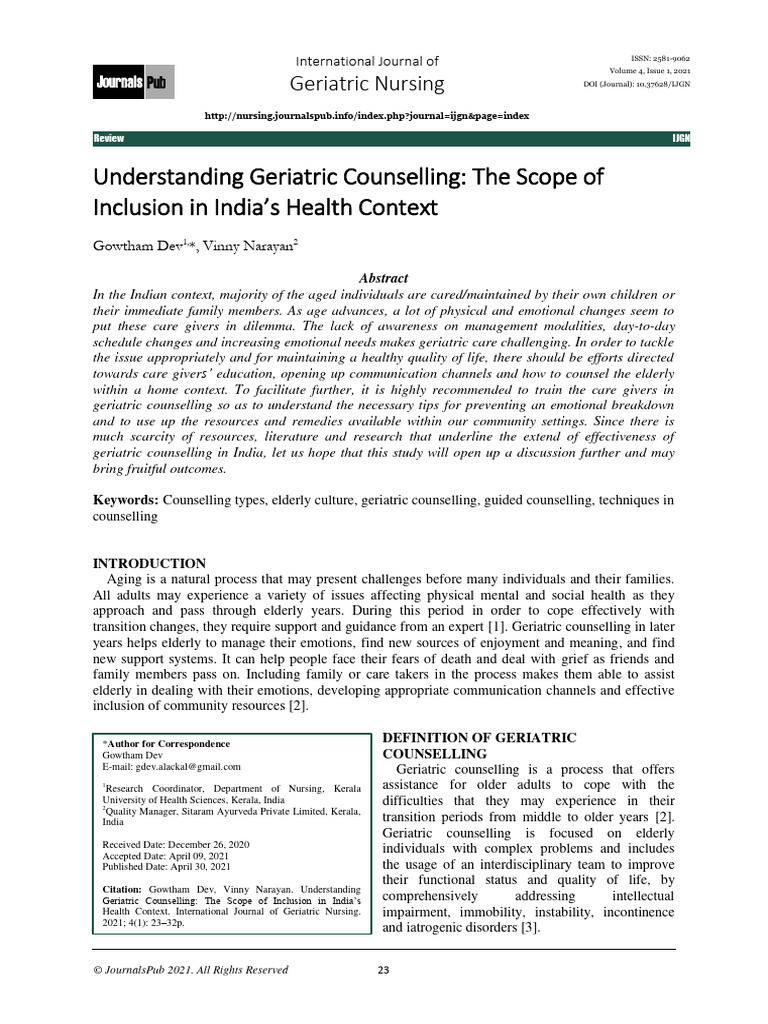 Understanding Geriatric Counselling: The Scope of Inclusion in India's ...
