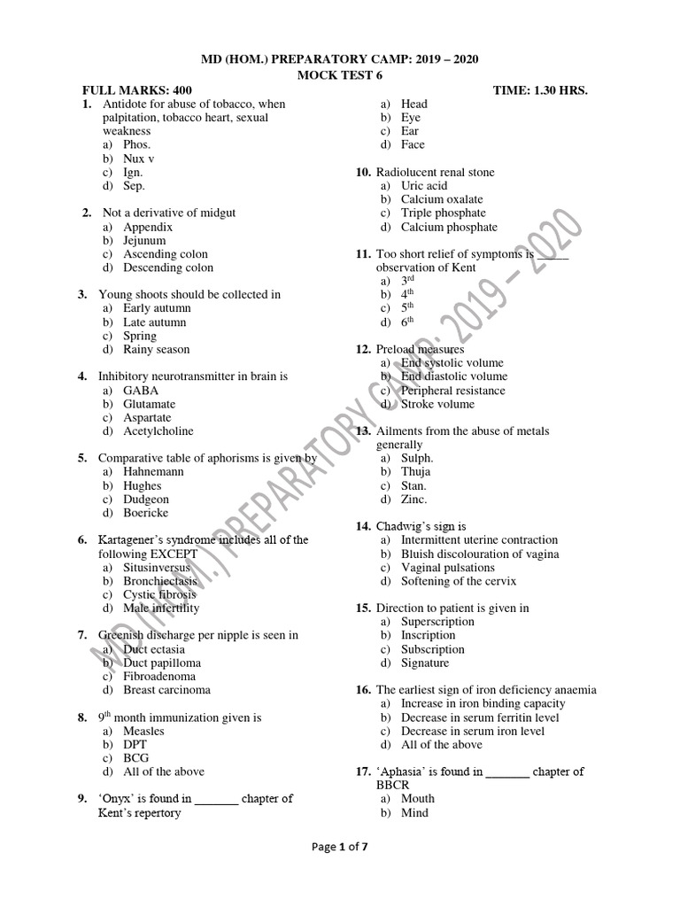 Homoeopathic MCQ Mock Test 2019-20 | PDF | Medical Specialties ...