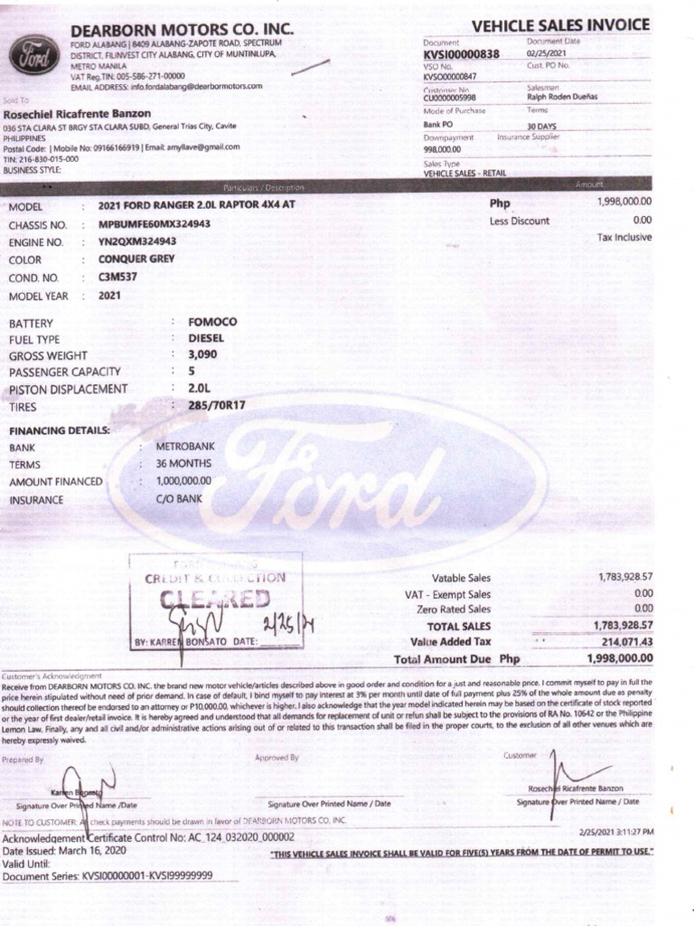 Reciept Ford Raptor | PDF