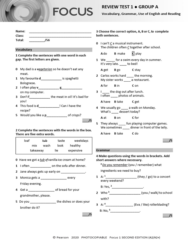 Focus1 2E Review Test 1 Units1 2 Vocabulary Grammar UoE Reading GroupA ...
