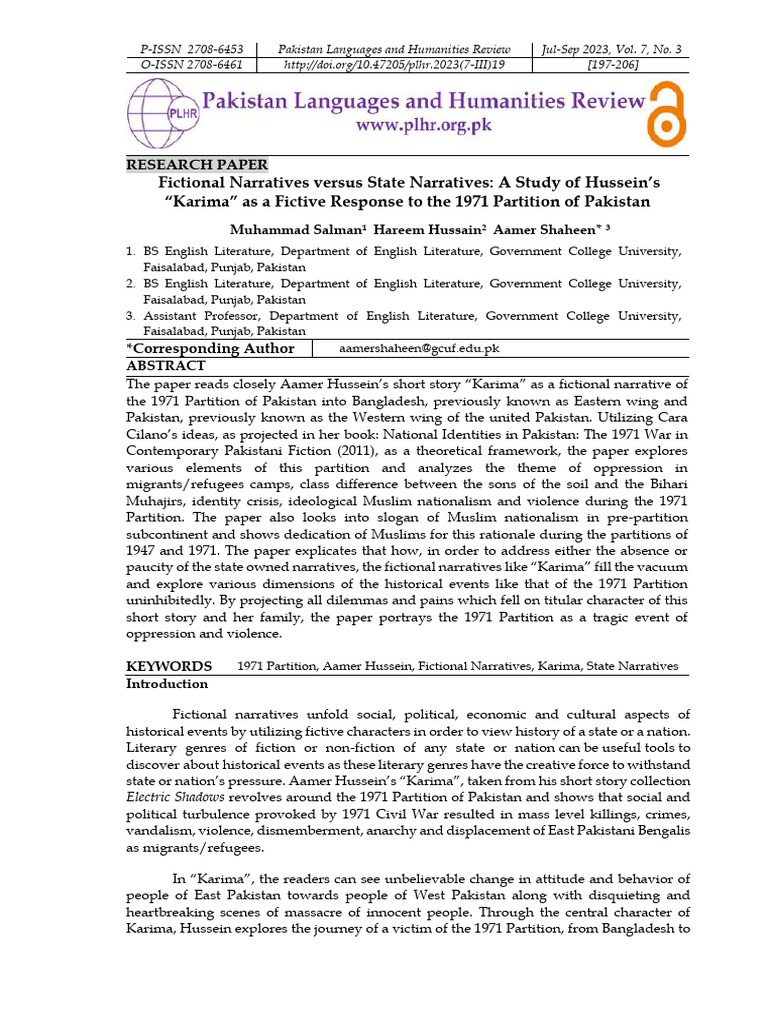 Fictional Narratives Versus State Narratives: A Study of Hussein's ...