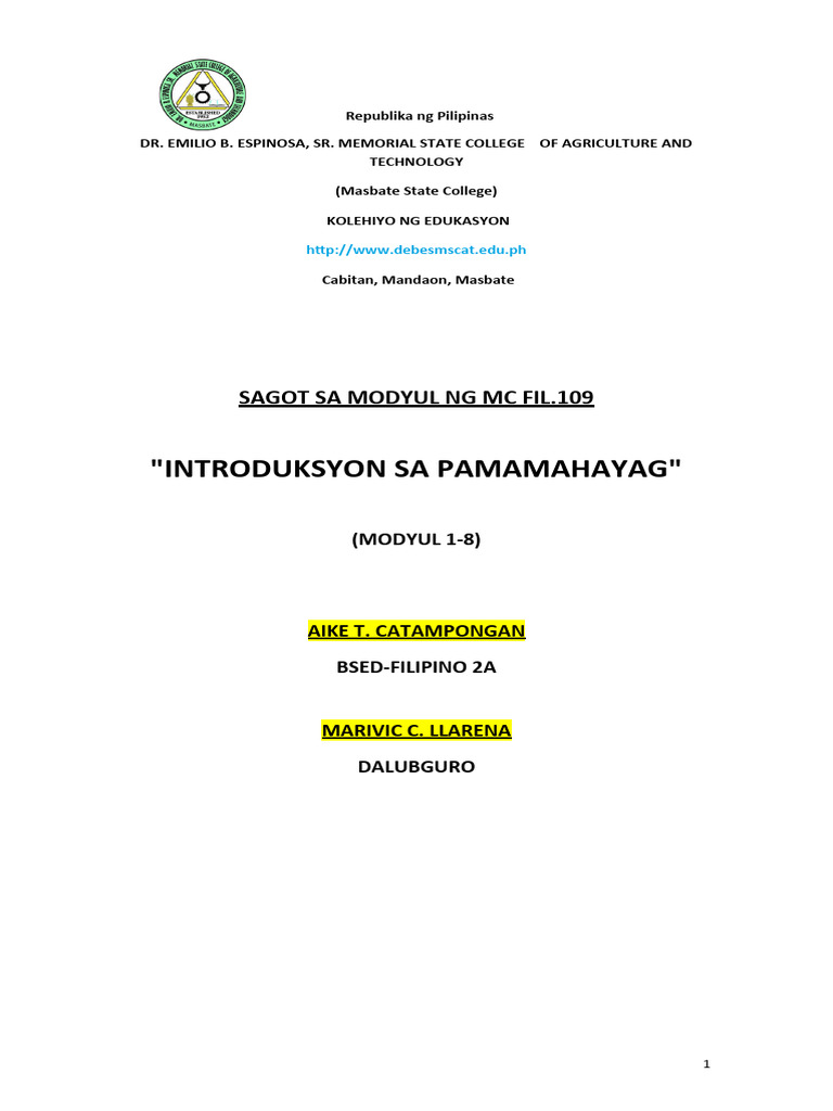 SAGOT SA MC FIL.109 (Modyul 1-8 Pamamahayag) | PDF