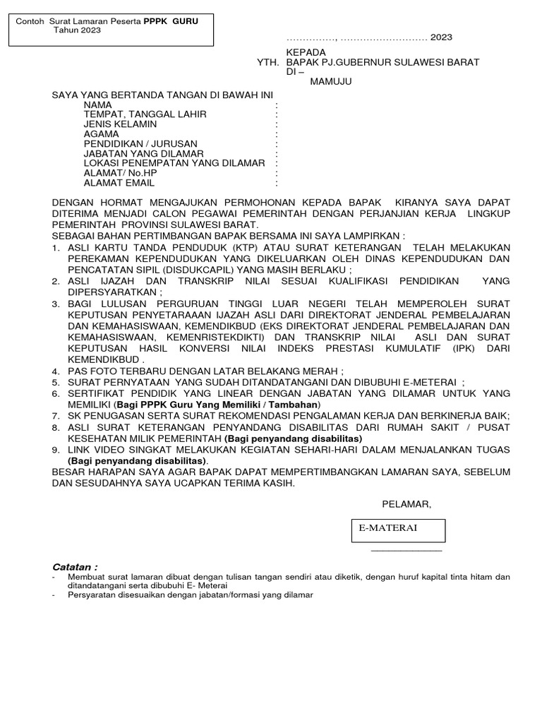 Contoh Surat Lamaran PPPK 2023 | PDF