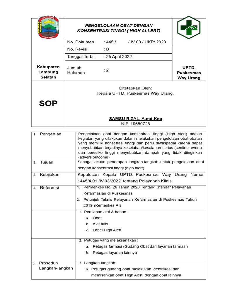 Sop Obat High Alert | PDF