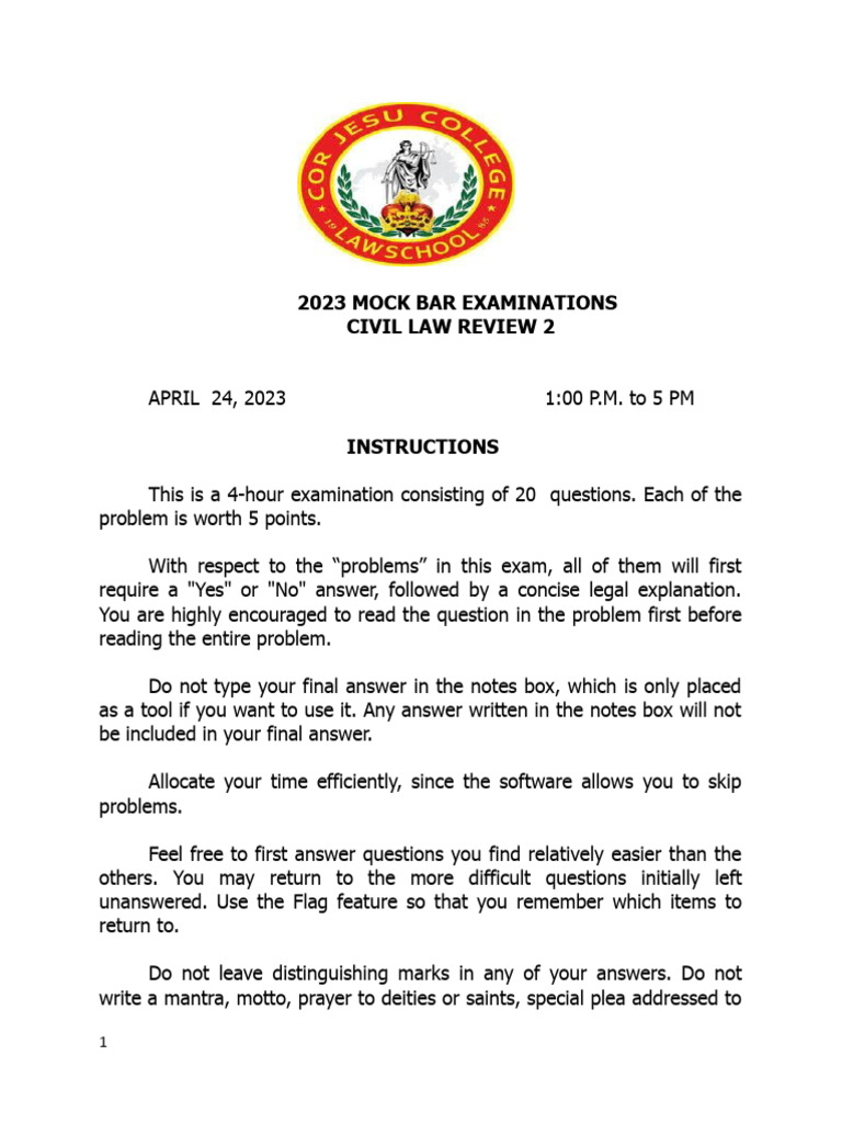 2023 Civil Law Mock Bar Exam Guide | PDF