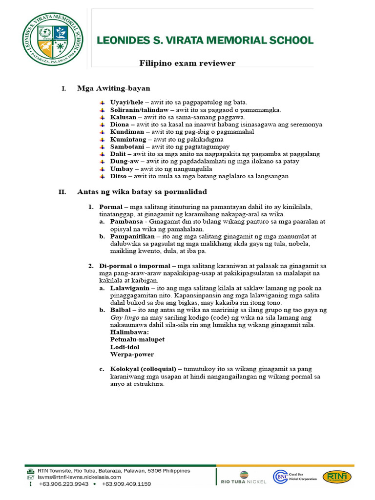 filipino exam reviewer | PDF