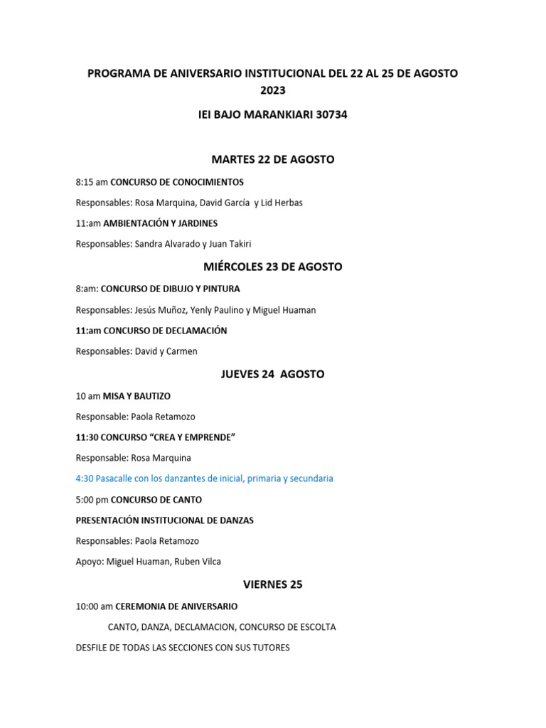 Programa de Aniversario Institucional | PDF