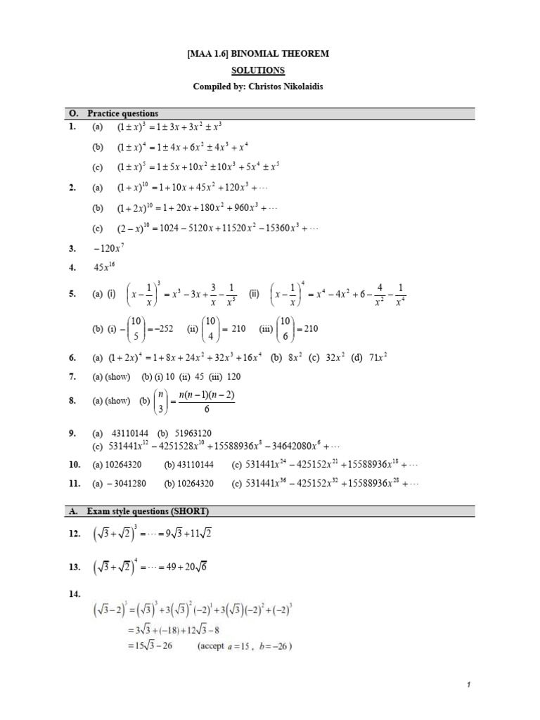 Binomial Theorem Solutions and Exercises | PDF