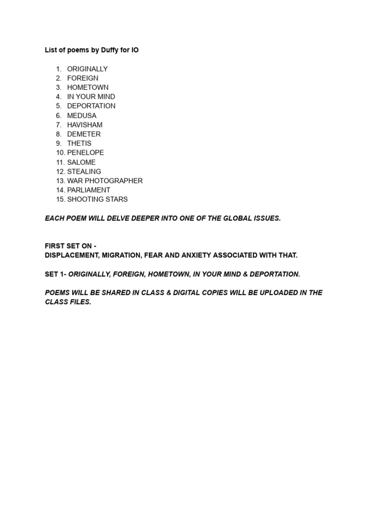 List of Poems by Duffy for IO | PDF