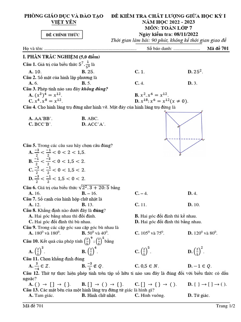 De Giua Hoc Ky 1 Toan 7 Nam 2022 2023 Phong GDDT Viet Yen Bac Giang | PDF