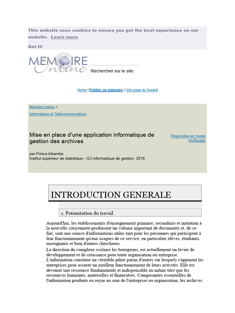 Introduction Generale: Mise en Place D'une Application Informatique de Gestion Des Archives | PDF