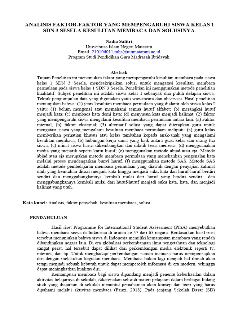 11 - NadiaSafitri - ANALISIS FAKTOR-FAKTOR YANG MEMPENGARUHI SISWA KELAS 1 SDN 3 SESELA ...