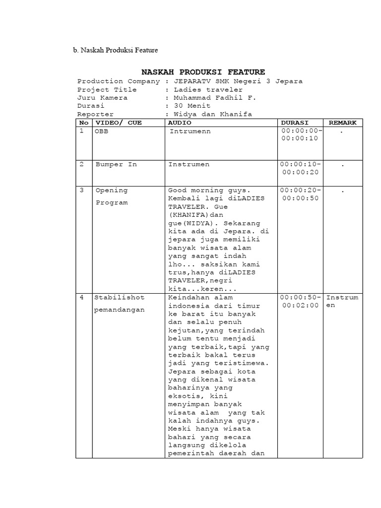 B.naskah Produksi Feature Perjalanan - Kelompok 1 | PDF