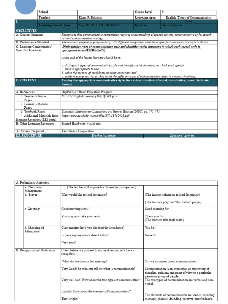 Lesson Exemplar English Sample 1 | PDF