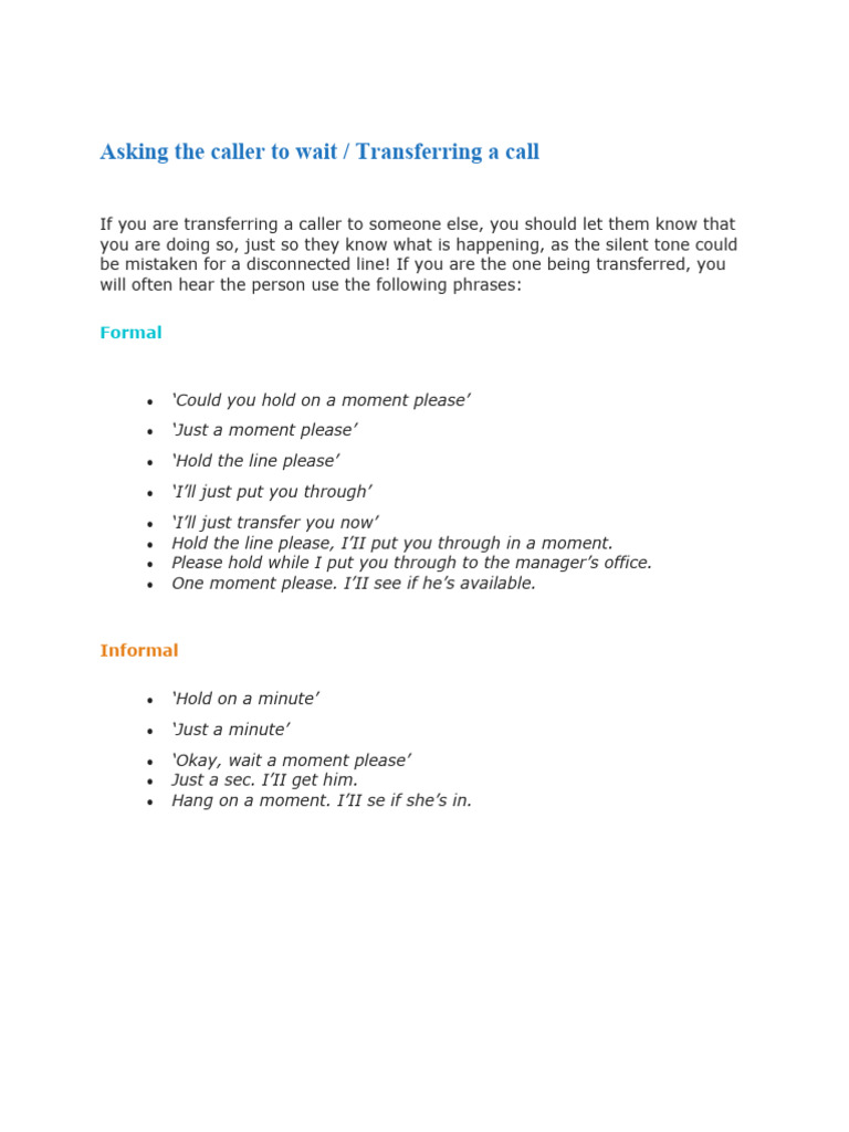 Asking The Caller To Wait | PDF