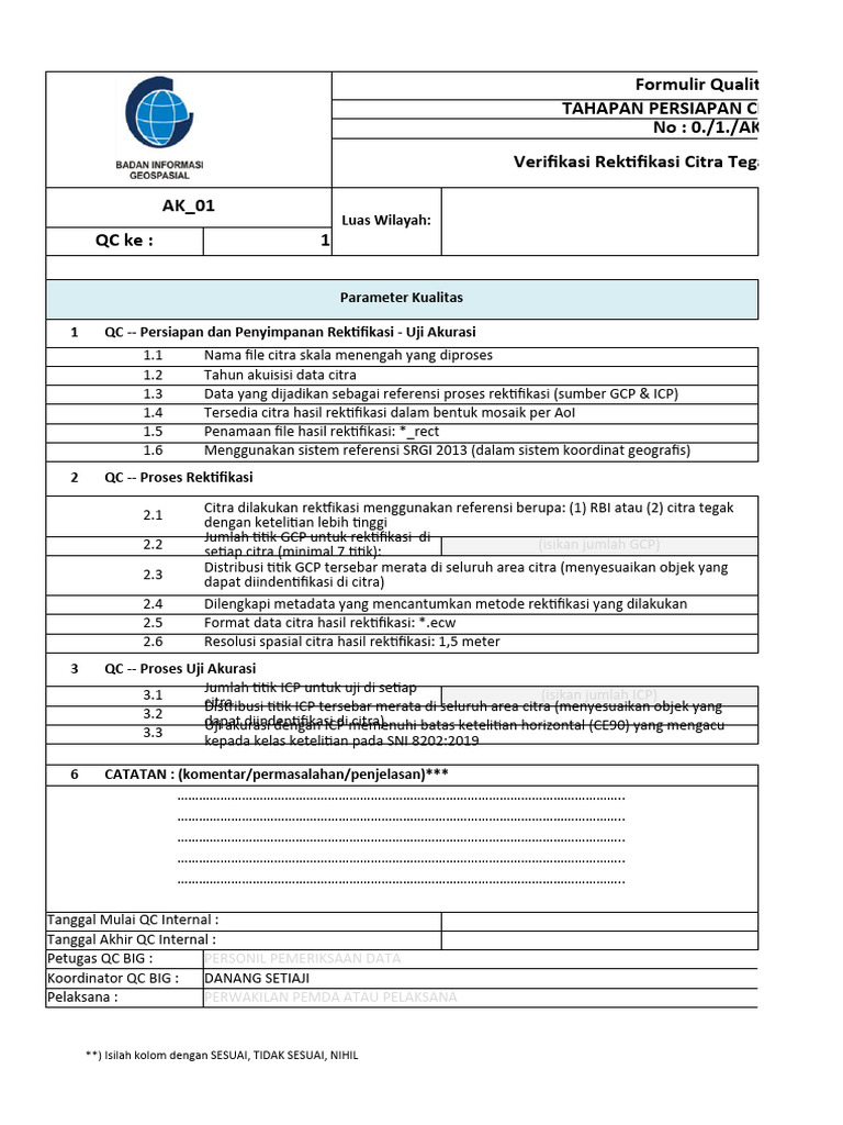 Formulir QC Rektifikasi Citra Satelit | PDF