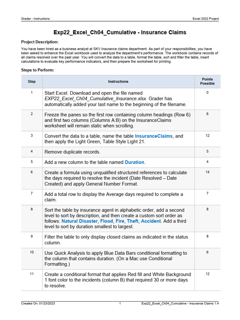 Exp22 - Excel - Ch04 - Cumulative - Insurance Claims - Instructions | PDF