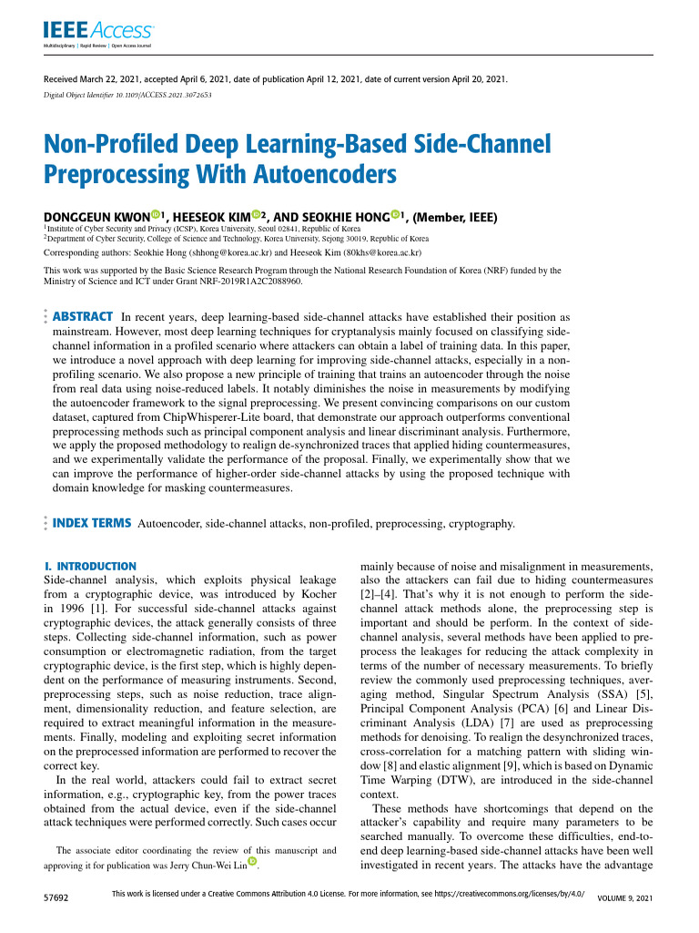 Non-Profiled Deep Learning-Based Side-Channel Preprocessing With Autoencoders | PDF