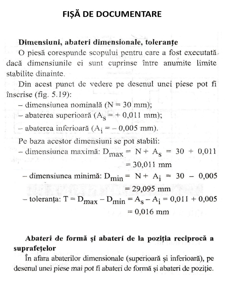 FISA DE DOCUMENTARE - DIMENSIUNI ABATERI TOLERANTE | PDF