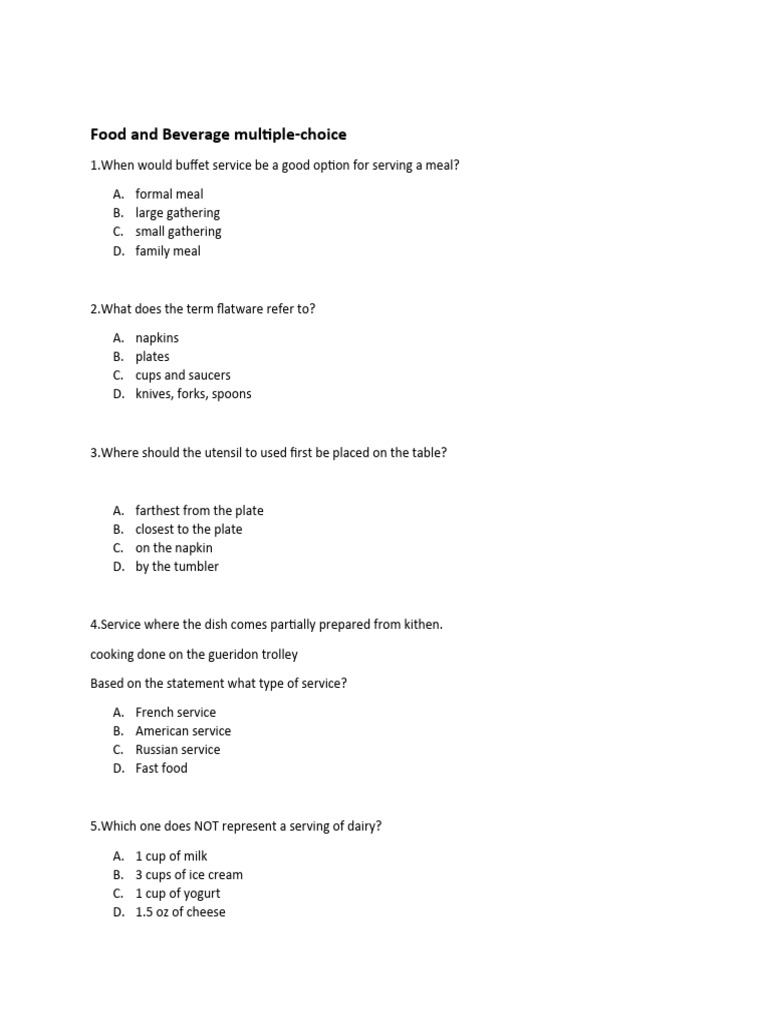 FOOD AND BEVERAGE MULTIPLE CHOICE QUESTIONS | PDF