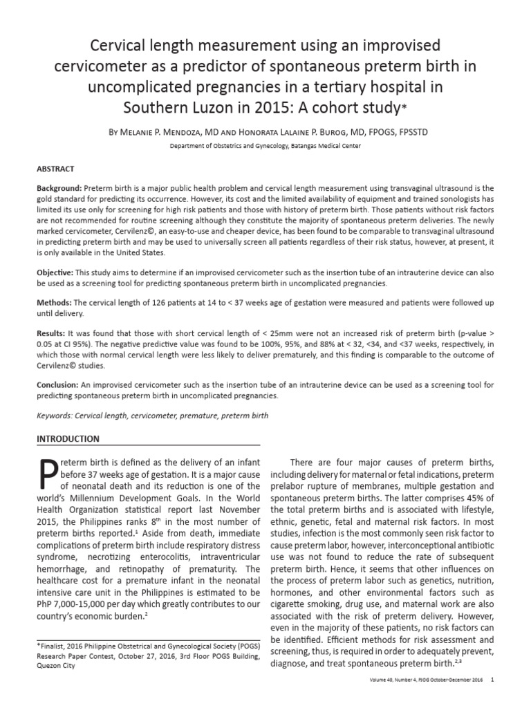 Cervical Length Measurement Using an Improvised Cervicometer as a ...
