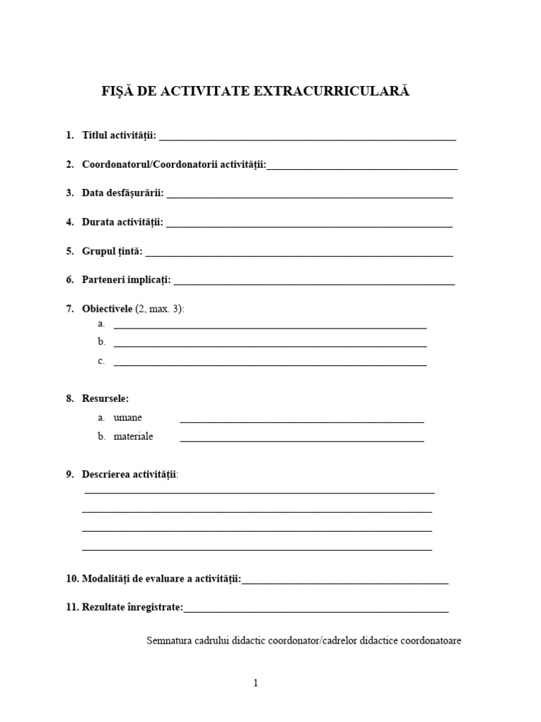 FIŞĂ de ACTIVITATE Extracurriculara | PDF