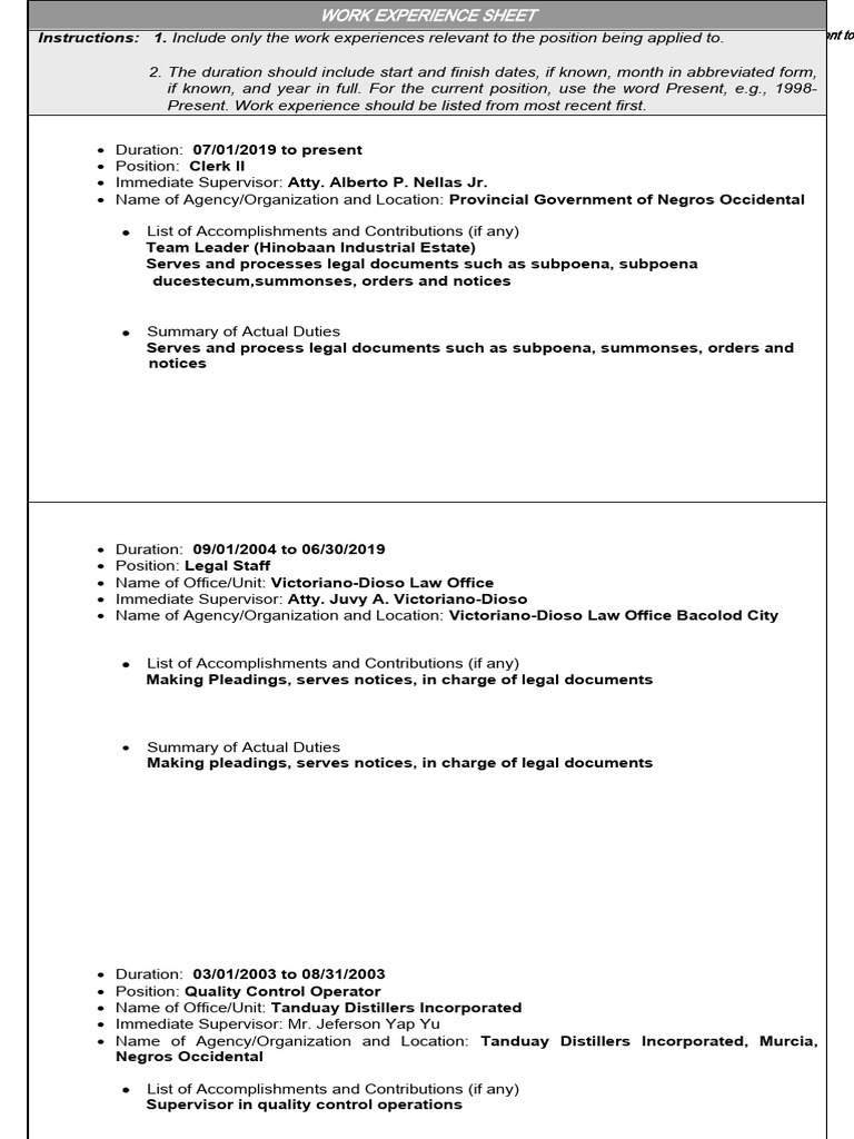 CS Form No 212 Work Experience Sheet | PDF