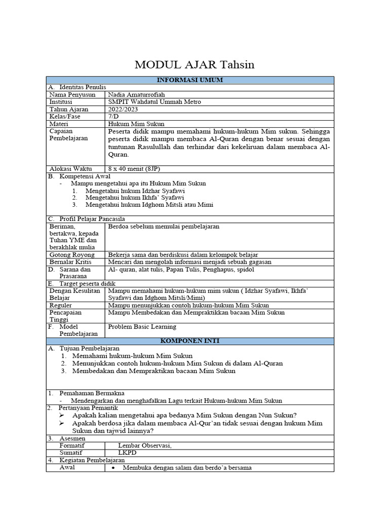Modul Ajar Tahsin (Hukum Mim Sukun) | PDF