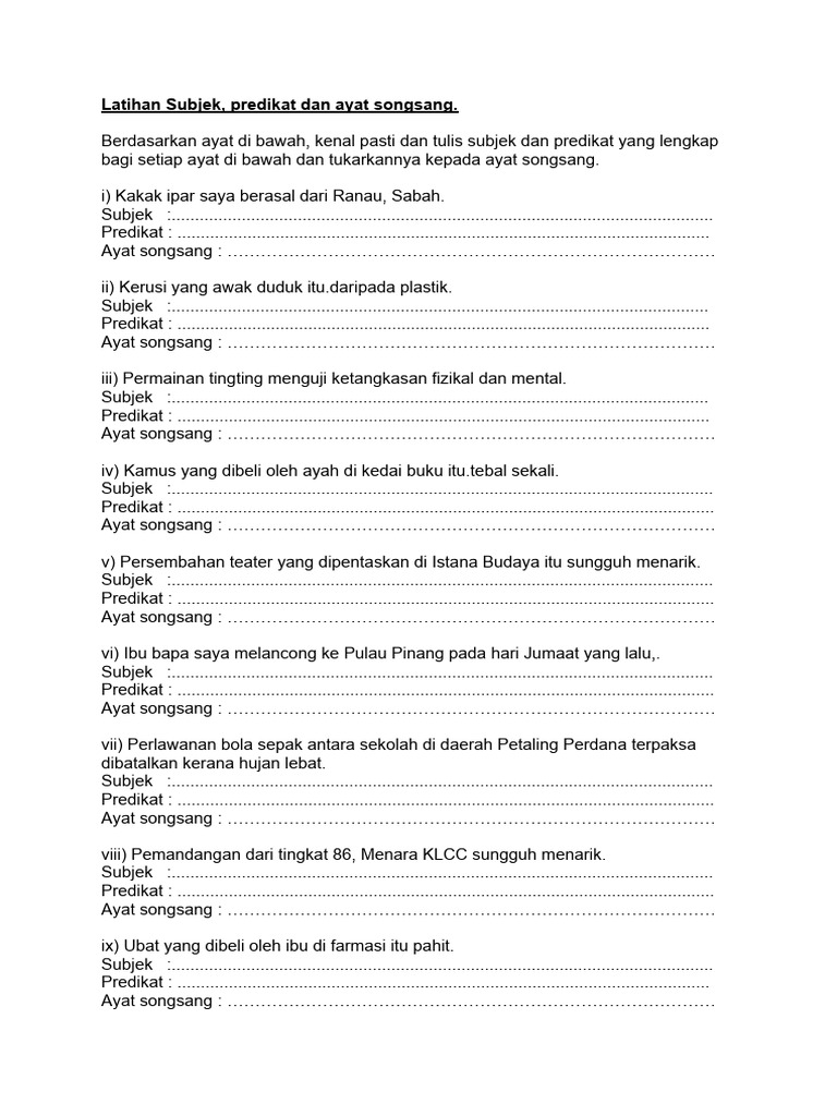 Latihan Ayat Subjek Predikat Songsang | PDF