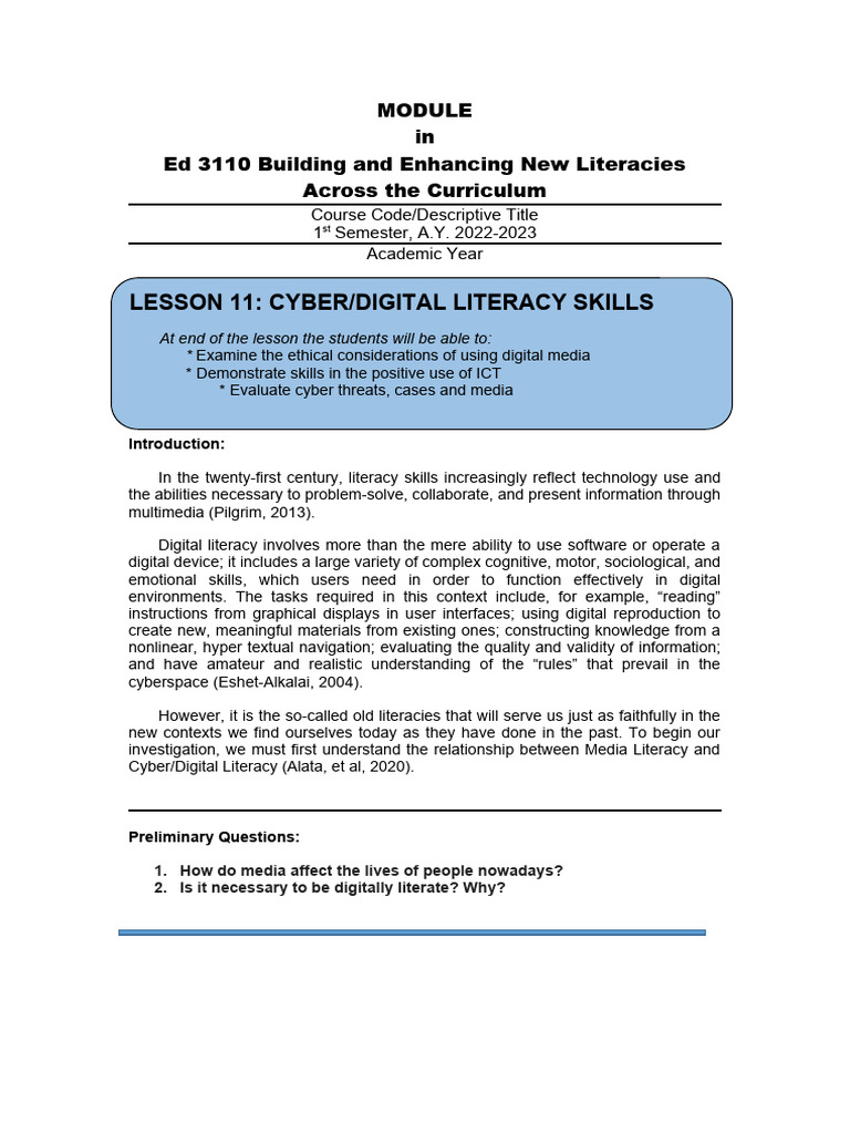 Lesson 11 Cyber Digital Literacy | PDF
