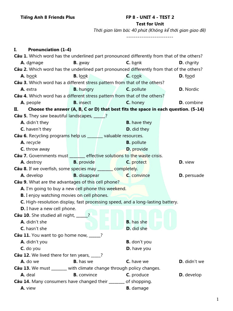 Anh 8 Friend Plus Bài ôn tập học kì I - Unit 4 - Test 2 | PDF