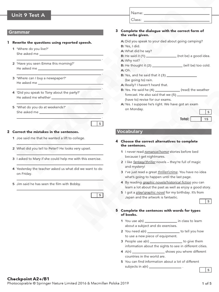 Checkpoint A2+ B1 Unit 9 Test A | PDF
