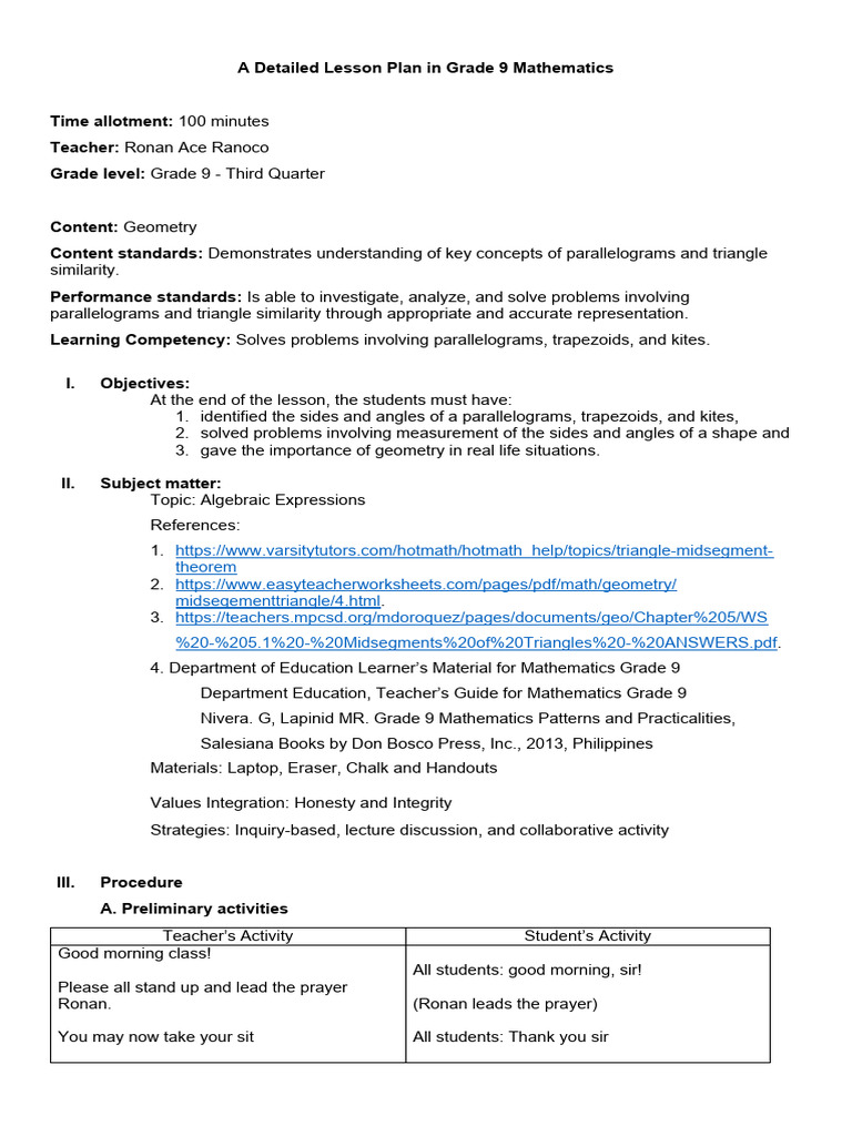 Grade 9 Mathematics - A Detailed Lesson | PDF