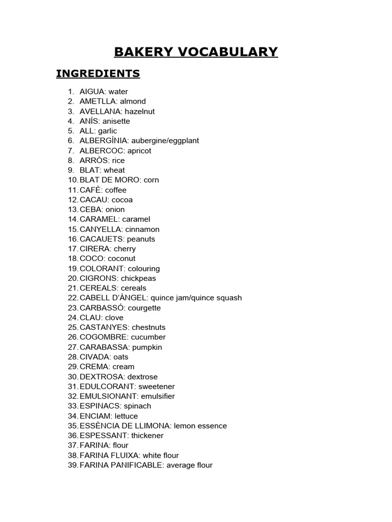 Bakery Vocabulary Pdf