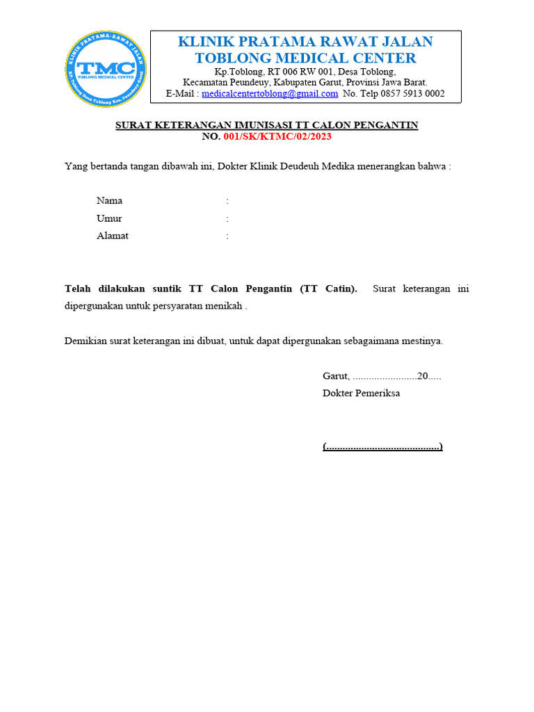 Surat Keterangan Imunisasi TT Catin | PDF