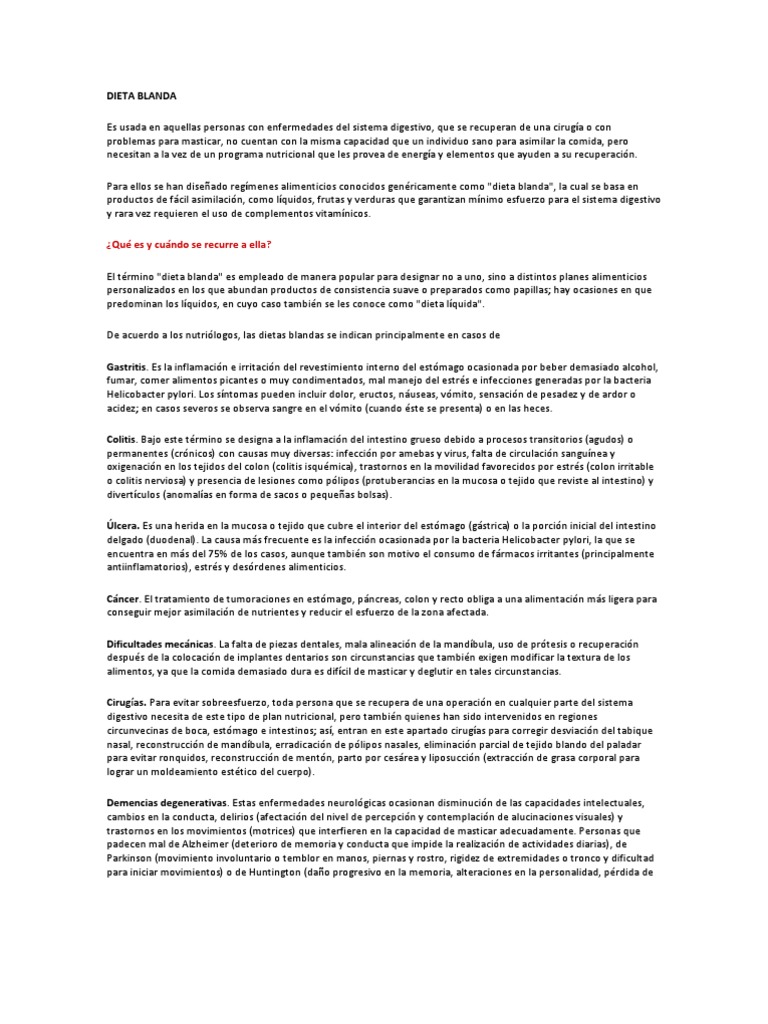 Dieta Blanda, Suave y Pure | PDF | Sistema urinario | Alimentos