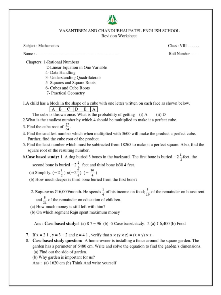 Gr 8 Revision WS Ans Key HYE Term I (23-24) | PDF