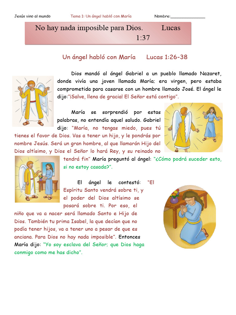 No Hay Nada Imposible para Dios. Lucas 1:37: Un Ángel Habló Con María ...