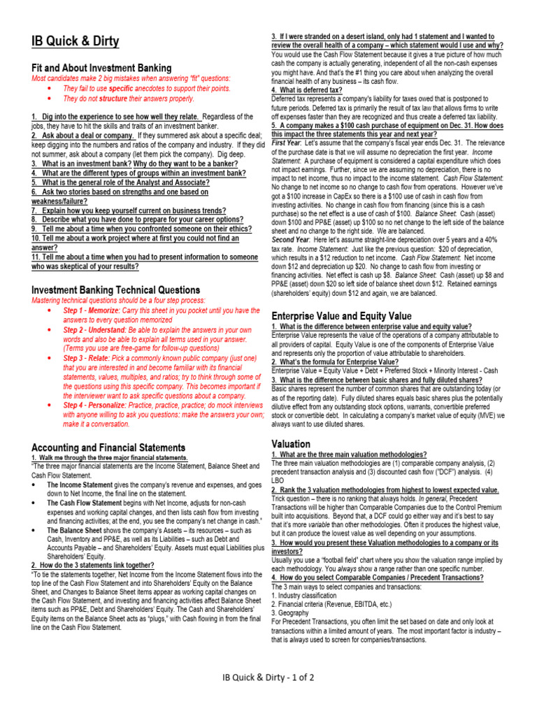 IB Quick & Dirty Cheat Sheet | PDF | Valuation (Finance) | Discounted ...