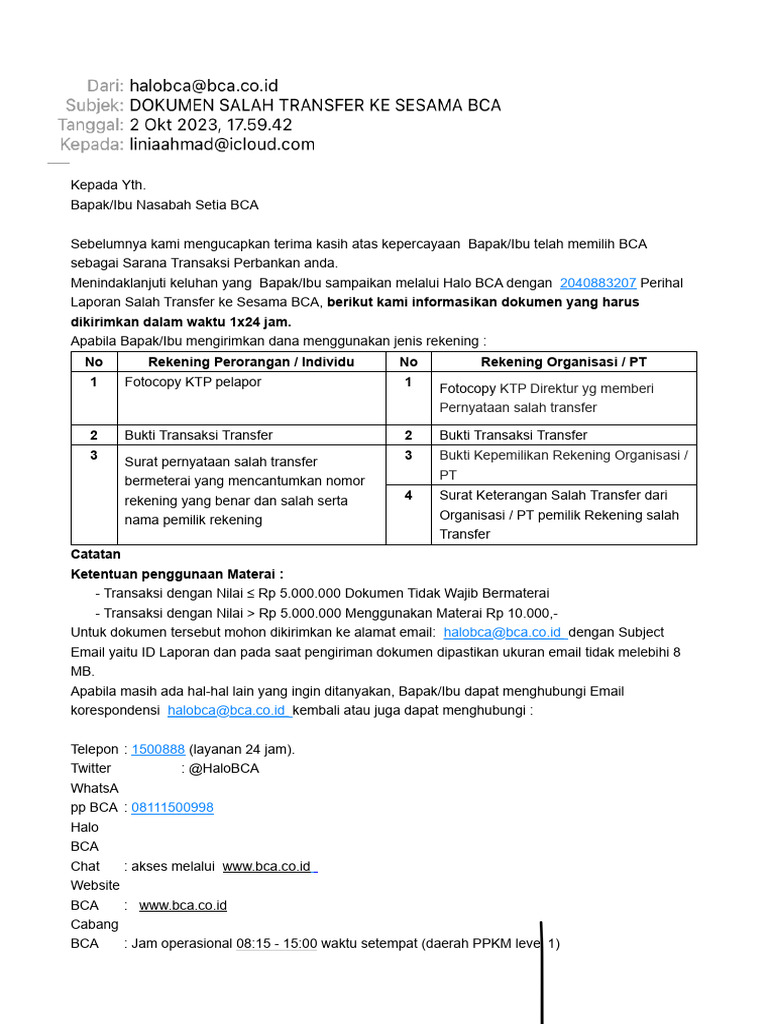 Dokumen Salah Transfer Ke Sesama Bca | PDF