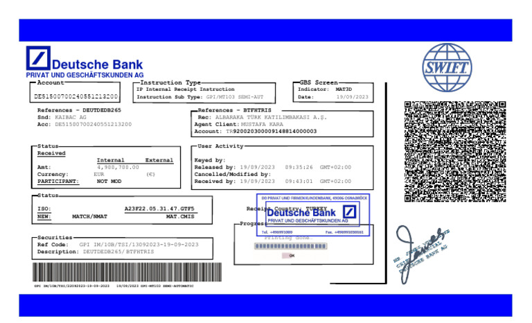 MT103 GPI SEMI-AUTOMATIC KAIBAC AG TO MUSTAFA KARA 10.09.2023 5M Backup | PDF