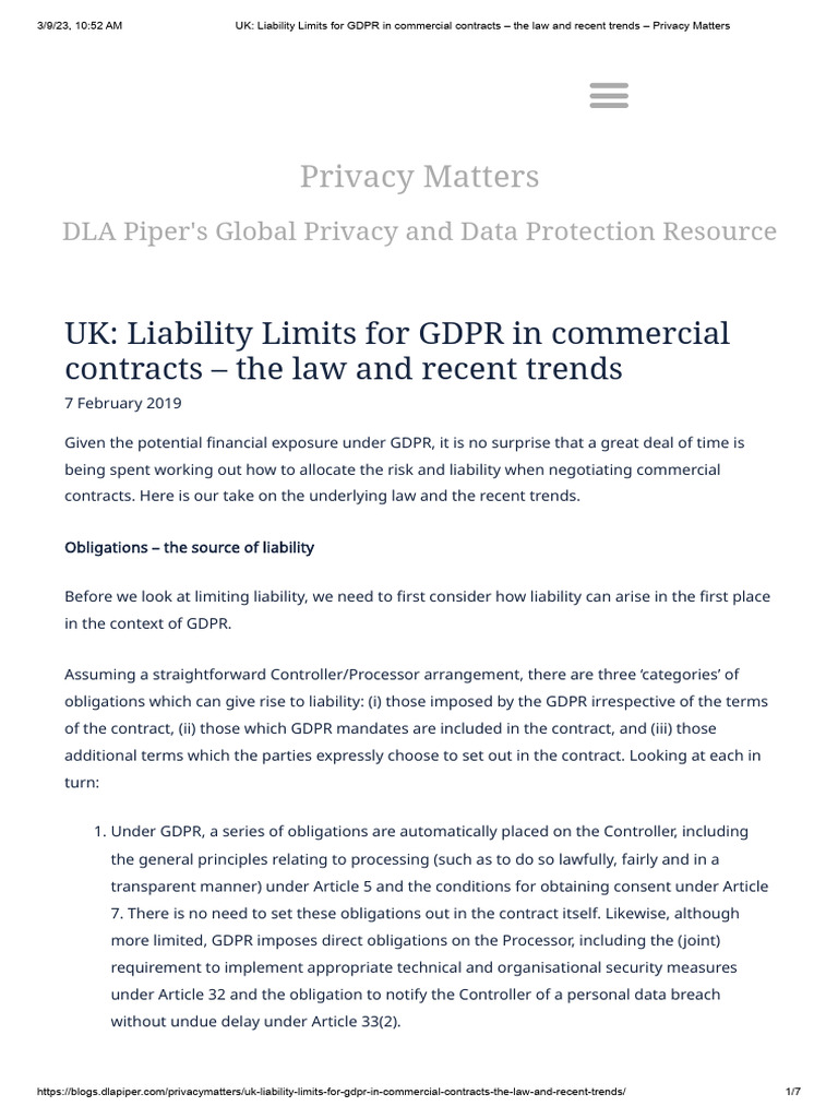UK - Liability Limits For GDPR in Commercial Contracts - The Law and ...