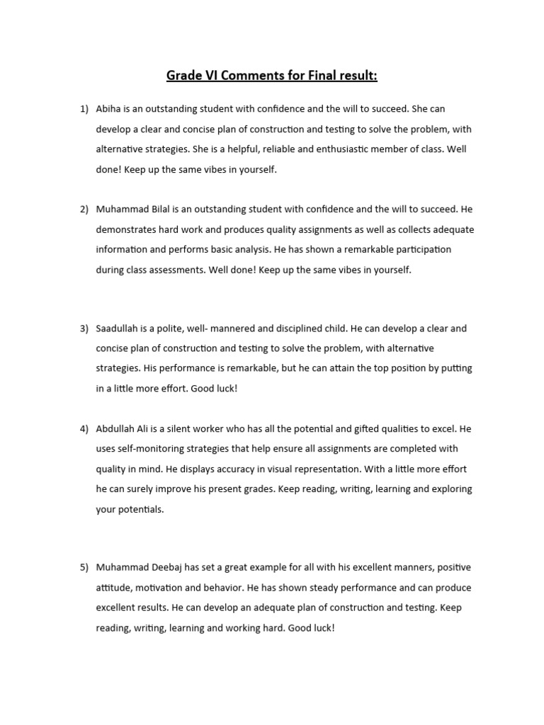 Class Teacher Comments and Subject Comment For Science | PDF