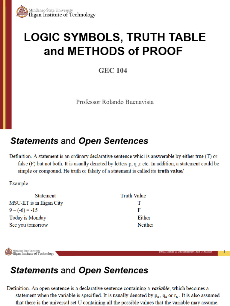Logic Symbols - Truth Table - Methods of Proof | PDF