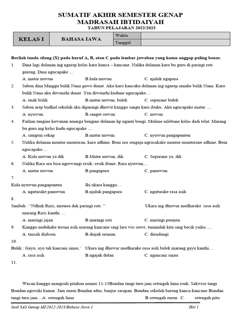 Naskah Soal Sas Genap Bhs Jawa 1_2023 | PDF