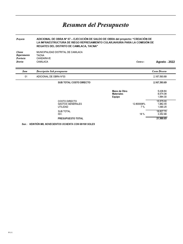 Resumen Presupuesto Adicional de Obra N°03 | PDF