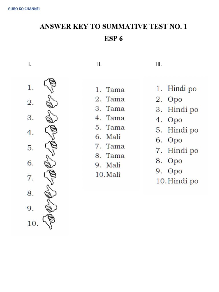 Answer Key for Grade 6 Subjects | PDF