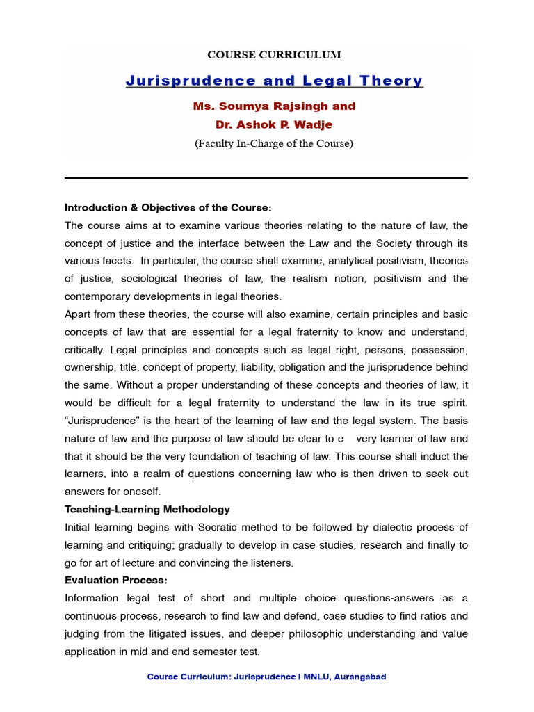 Syllabus of Jurisprudence & Legal Theory | PDF | Jurisprudence | Mens Rea