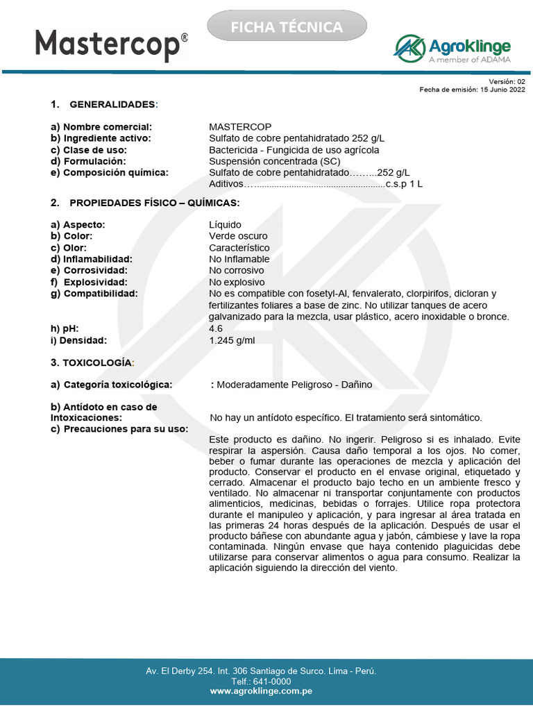 Ficha Técnica Mastercop 15_06_2022 | PDF | Agua | Química
